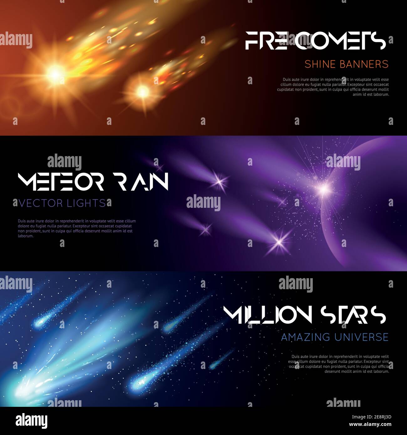 Space horizontal banners with shiny light effects falling meteors ...