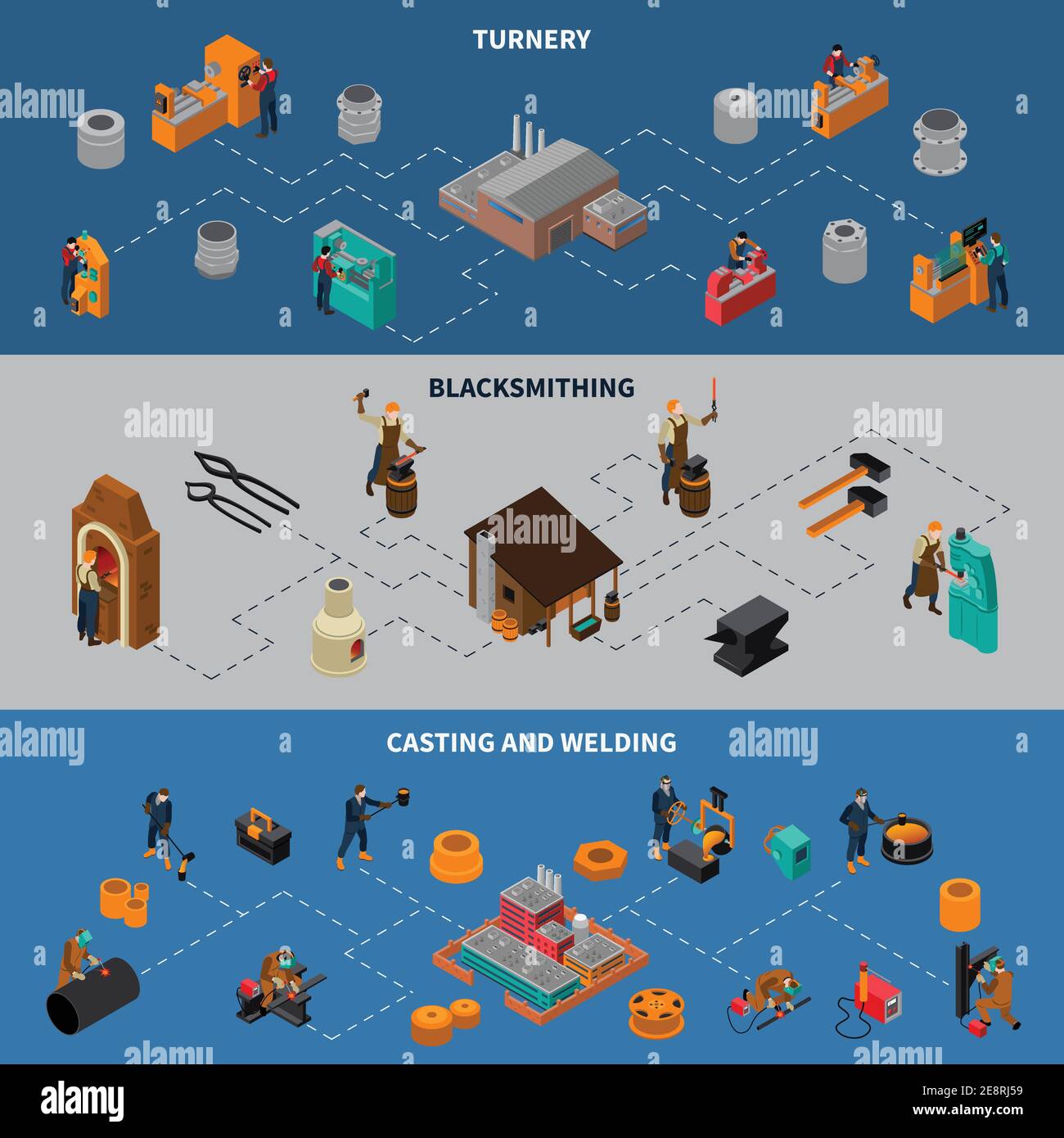 Metalworking processes 3 isometric flowchart infographic elements ...