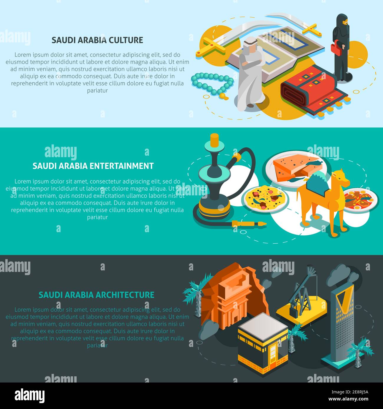 Saudi Arabia isometric horizontal banners with arabian entertaining ...