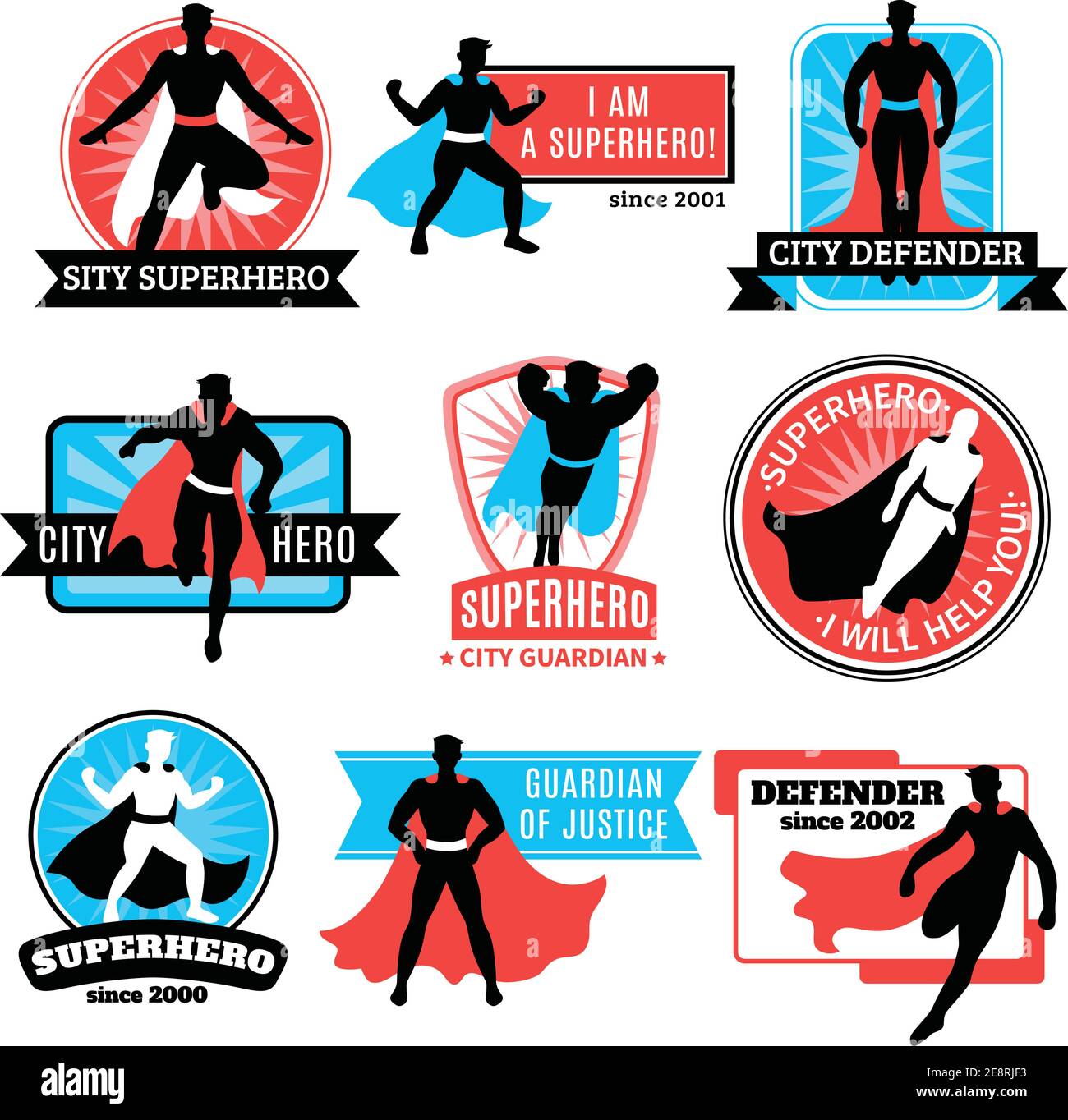 Set of emblems and stickers with flying jumping running superhero ...