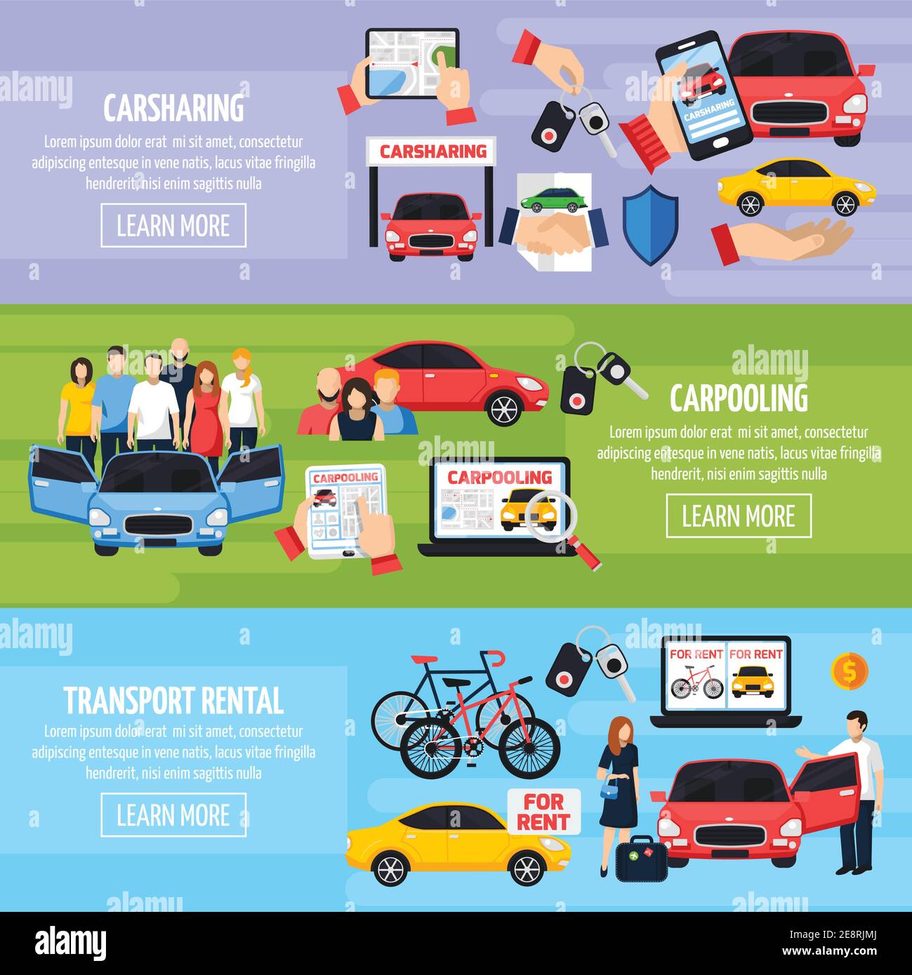 Carsharing horizontal banners set with carpooling symbols flat isolated ...