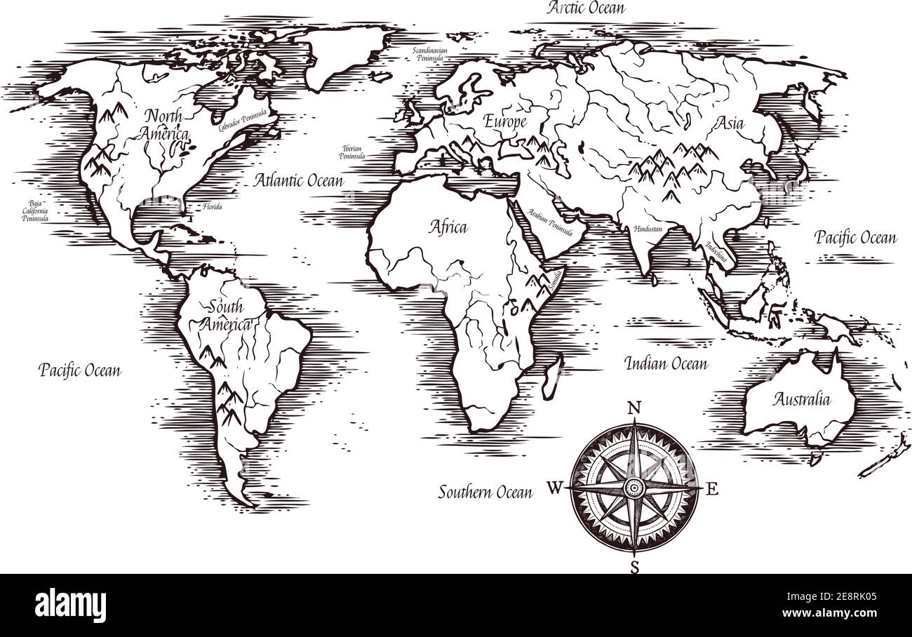 Sketch world map template in black and white colors with titles of ...