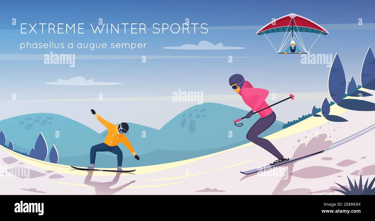 Extreme sports activities flat composition poster with snowboarding ...