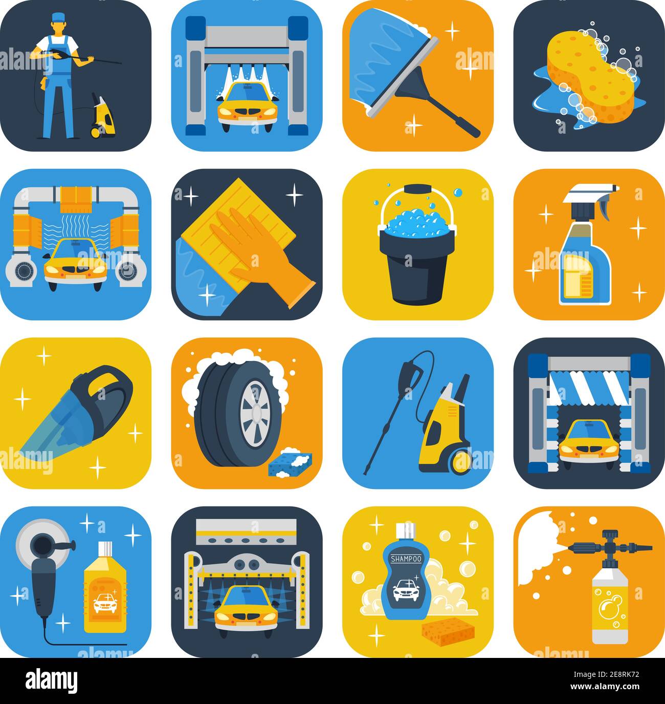 Car wash service symbols flat icons collection with windshield squeegee ...