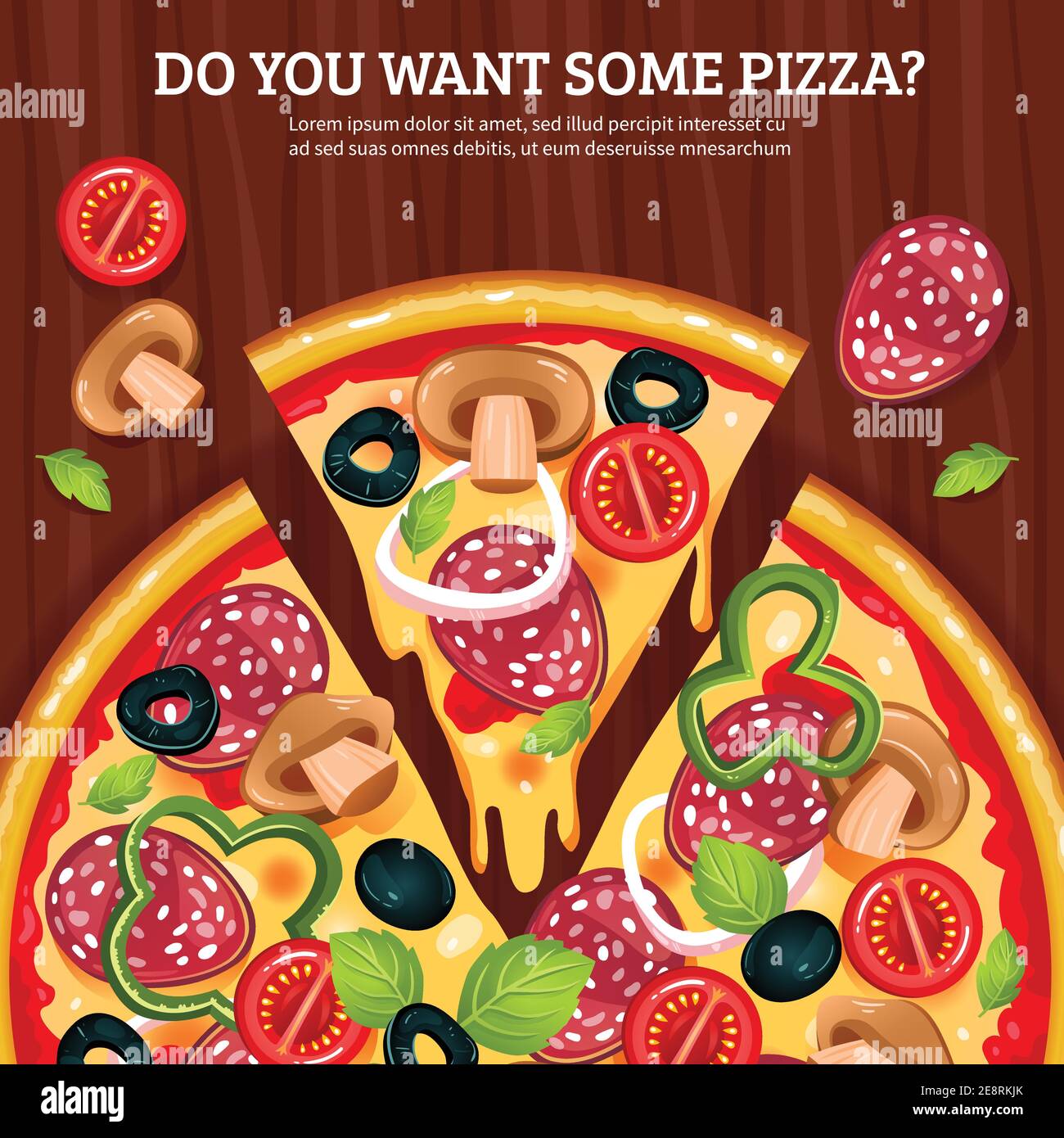 Flat vector illustration of pizza with cut piece and advertising text ...