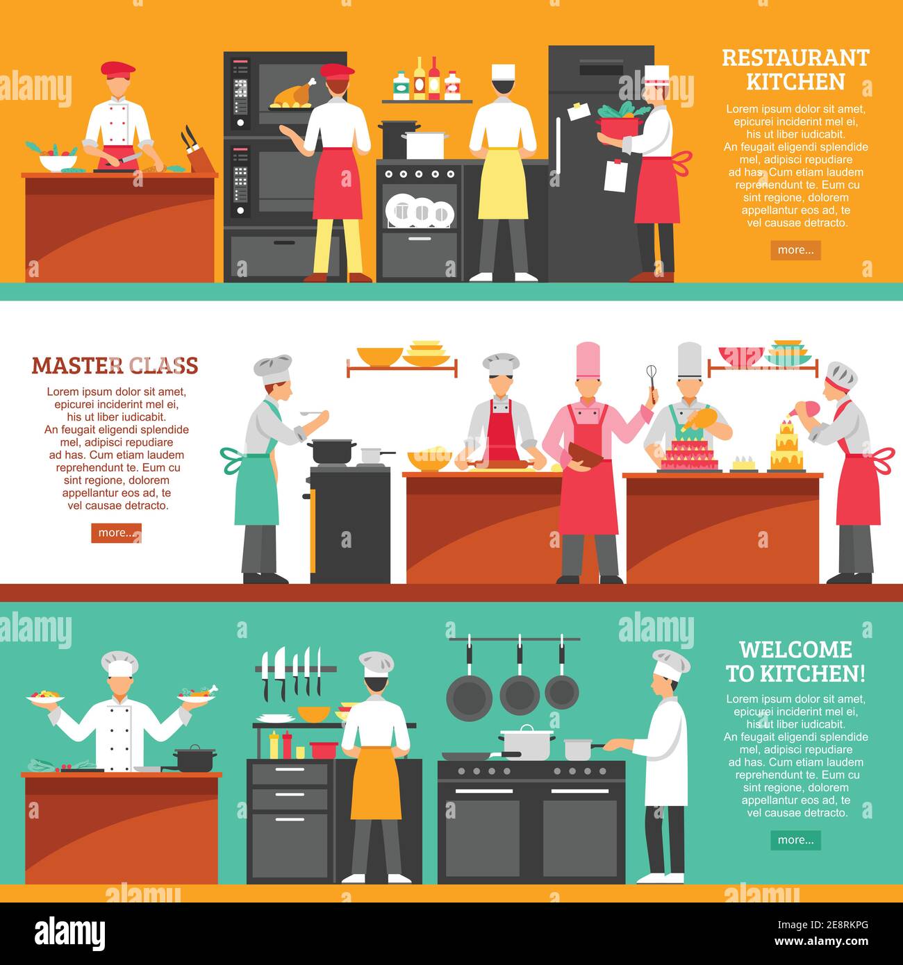 Professional cooking horizontal banners set with restaurant kitchen and ...