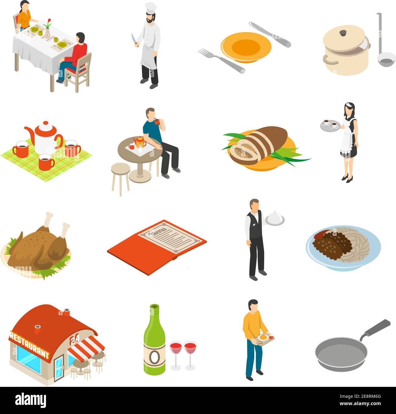 Restaurant cafe bar isometric icons collection with chef waiter and ...