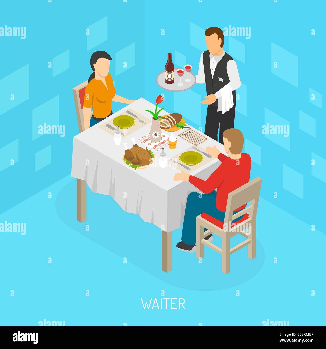 Waiter with tray serving dining customers food and wine isometric ...