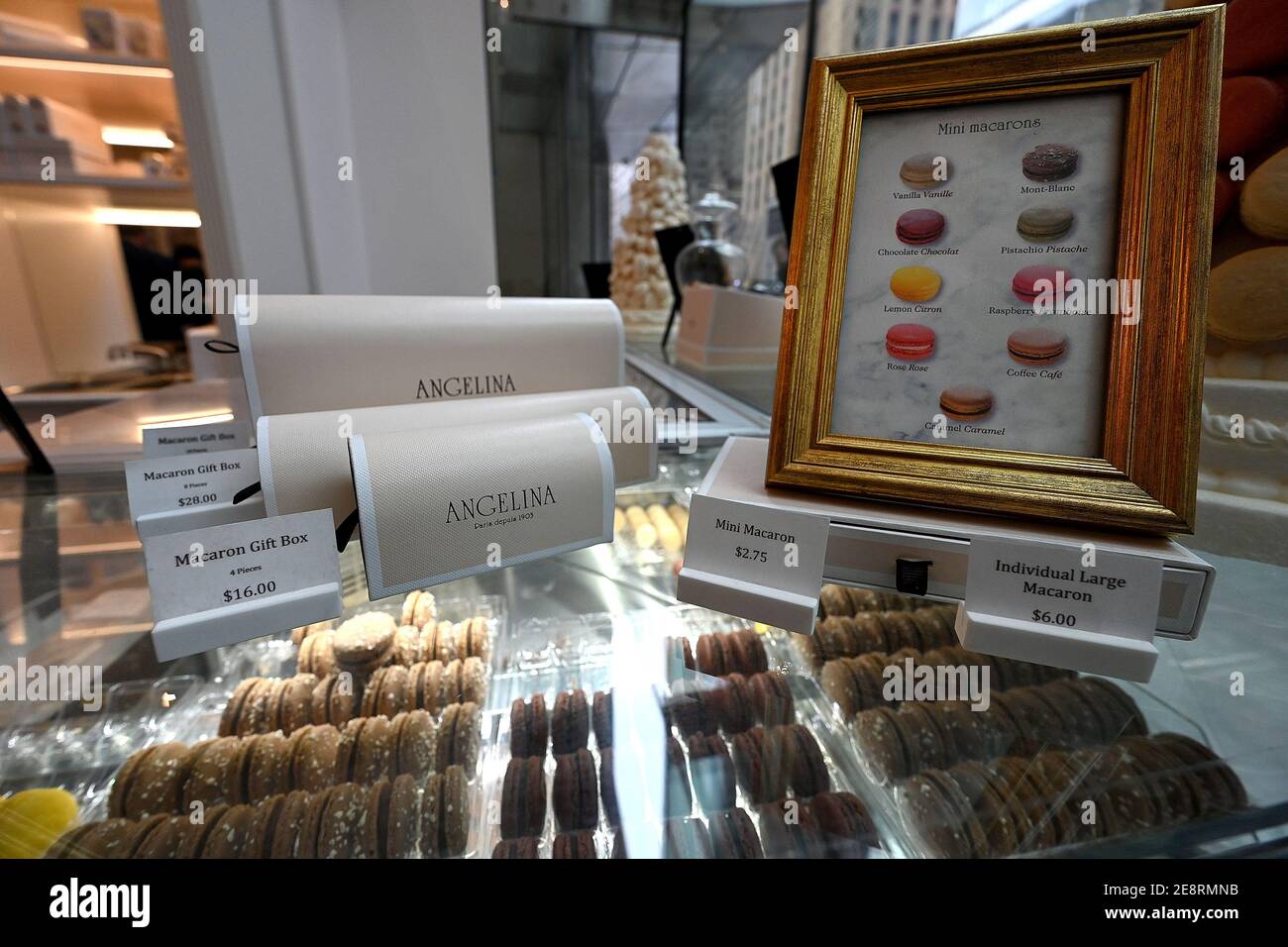 Macaron cookies on display at French pastry shop Angelina Paris, the ...
