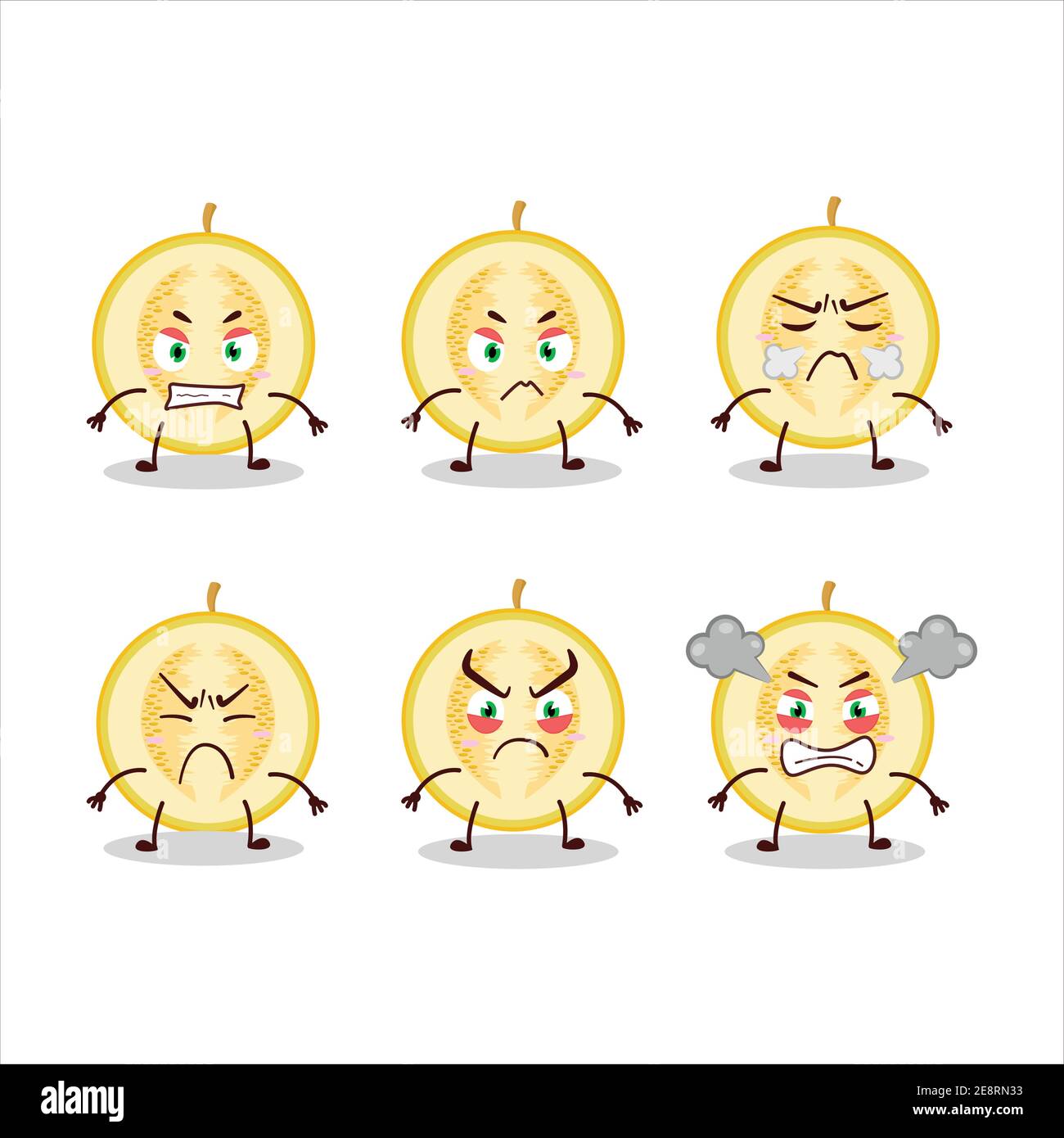 Slice of yellow melon cartoon character with various angry expressions ...