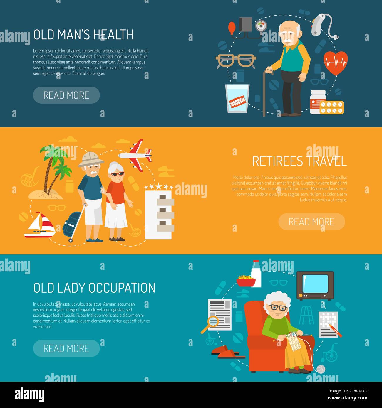 Old people daily life and health issues 3 flat horizontal banners ...