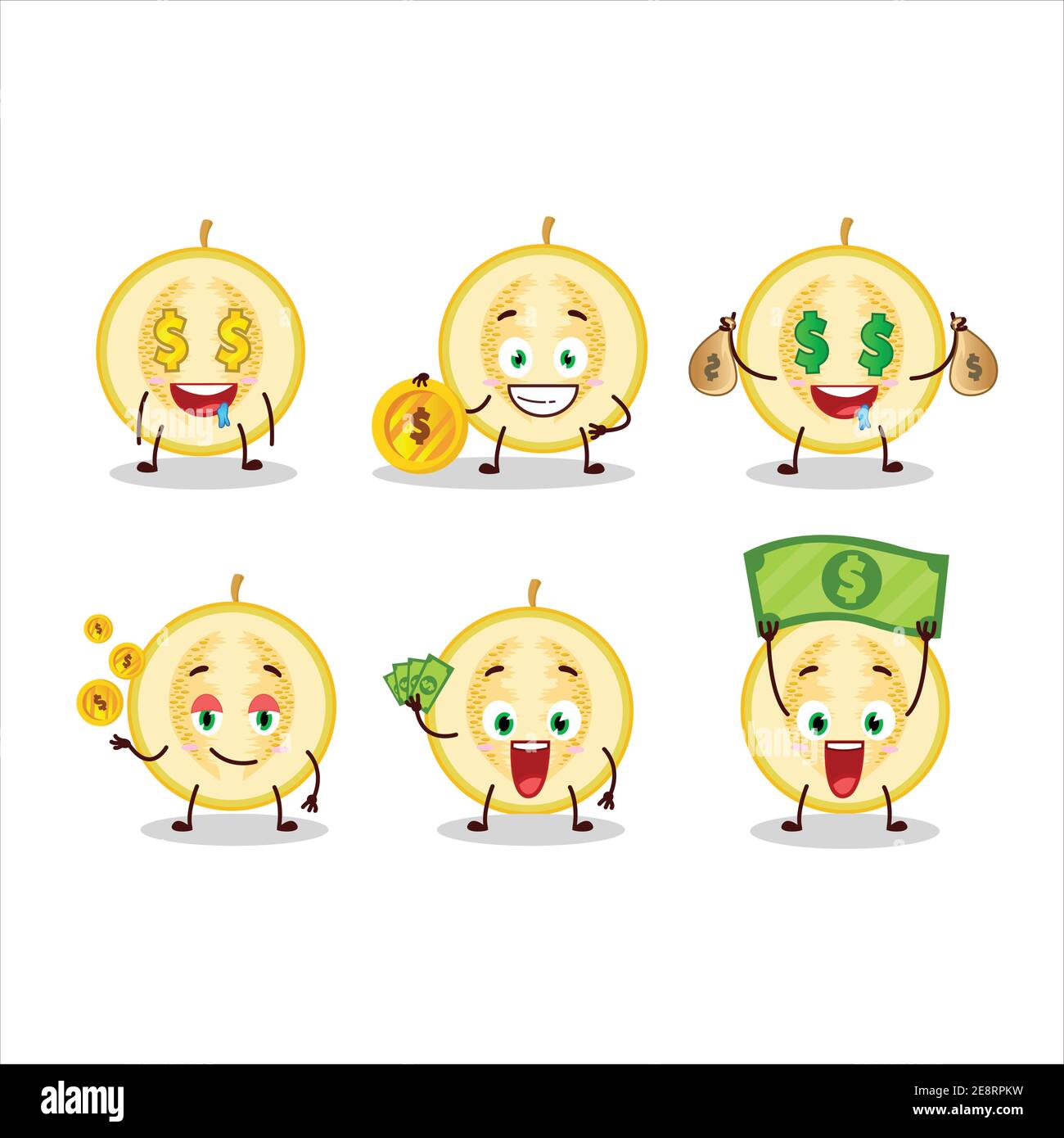 Slice of yellow melon cartoon character with cute emoticon bring money ...