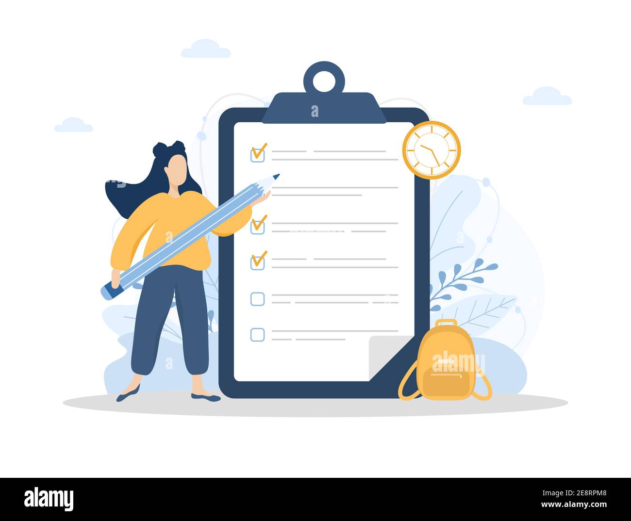Month planning or to do list concept. Woman with a giant pencil ...