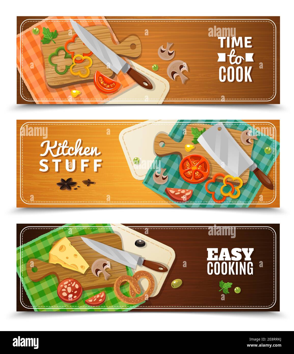 Cooking horizontal banners with kitchen knife and food on wooden ...