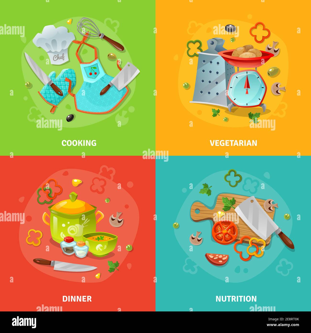 Cooking 2x2 design concept set of chef clothes and tools kitchen ...