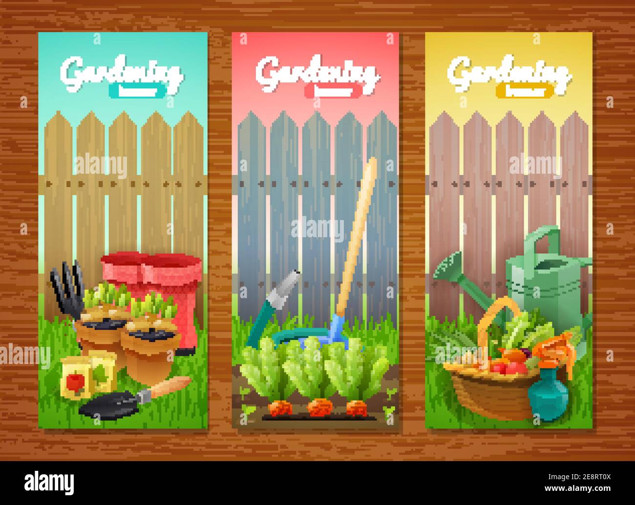 Colorful collection of gardening vertical banners with tools sprout in ...