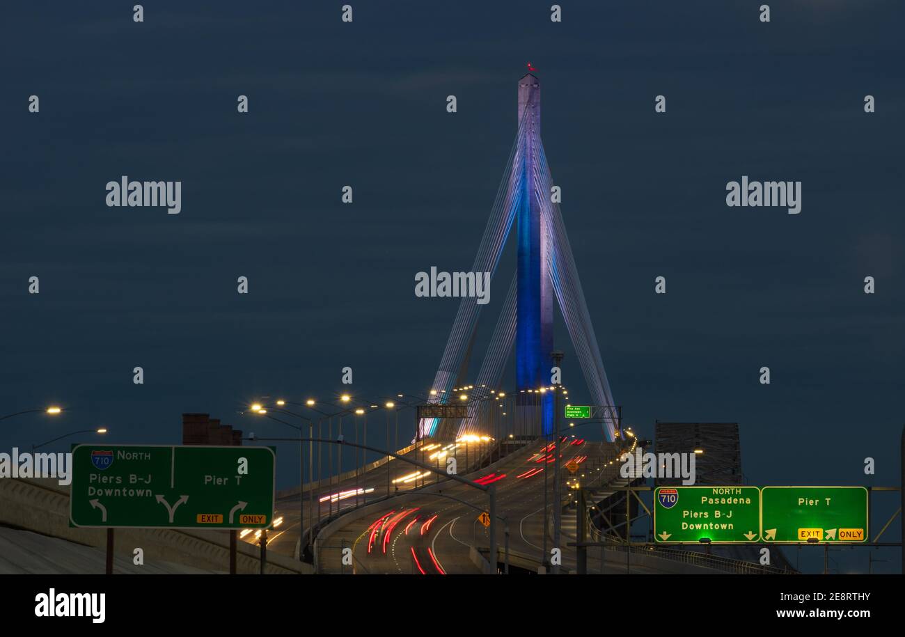 Dusk view of the Gerald Desmond Bridge in Long Beach, California. This ...