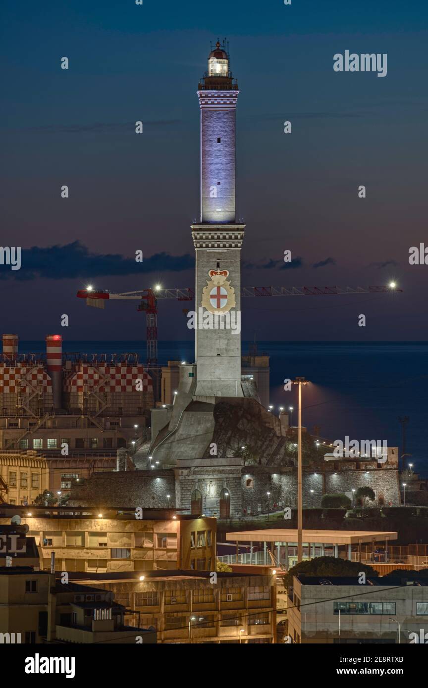 Front view of the lighthouse of Genoa, symbol of the city Stock Photo ...
