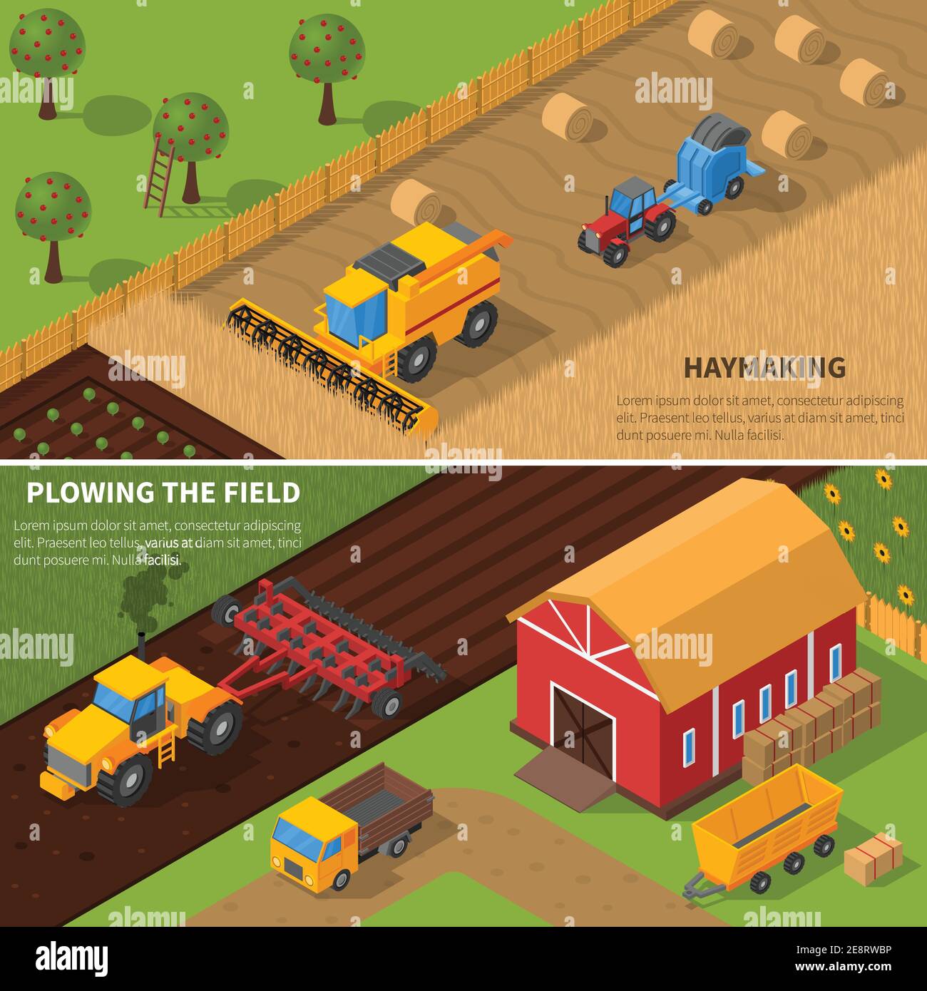 Agricultural machines isometric horizontal banner set with haymaking ...
