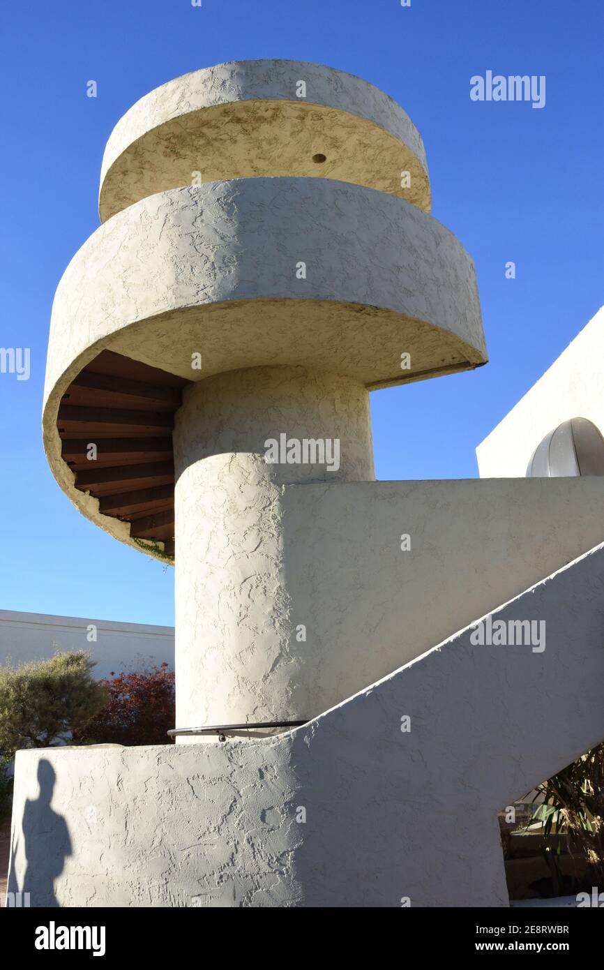 Spanish white circular staircase building at the Civic Center park in ...