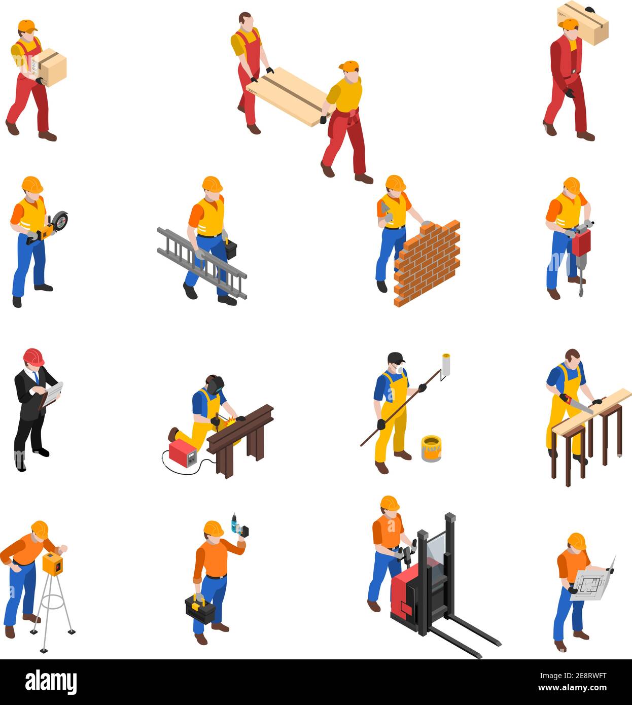 Builders work at construction site isometric icons collection with ...