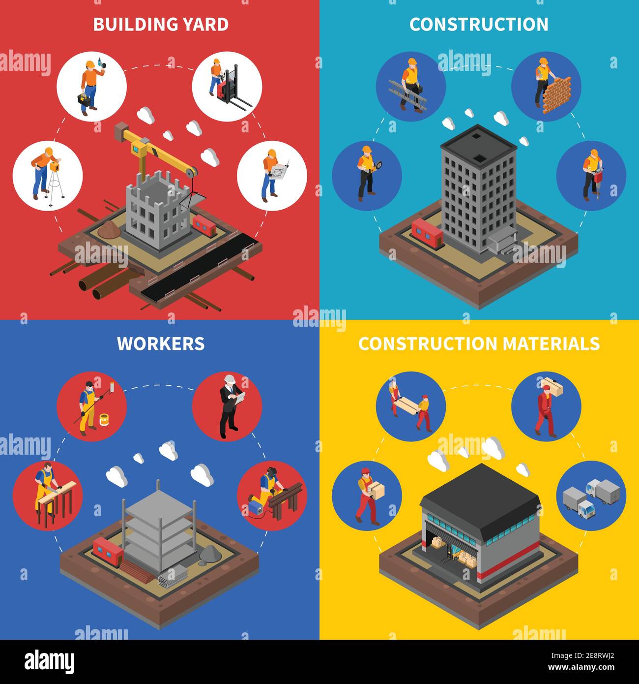 Construction Isometric Concept. Builder Icons Set. Building Industry ...