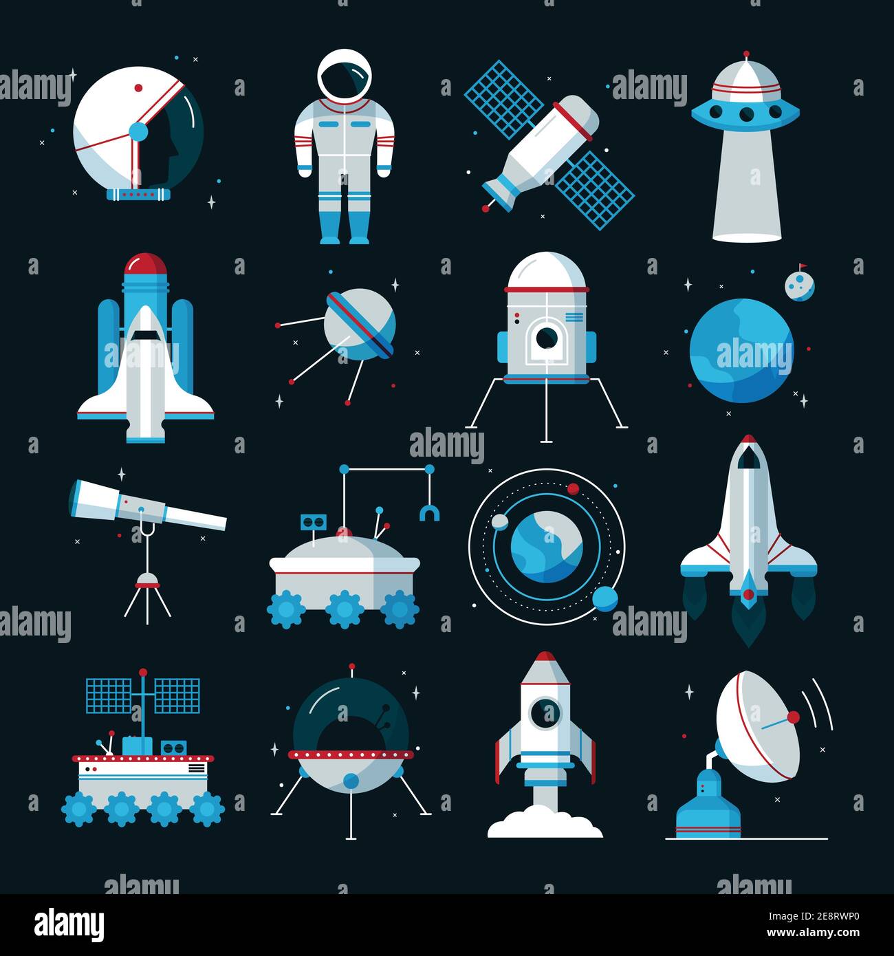 Spacecrafts flat icons set with cosmonaut space suit and equipment with ...