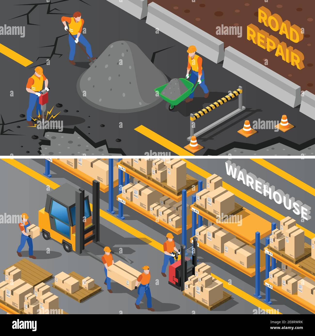 Workers Isometric Concept. Road Workers Horizontal Banners ...