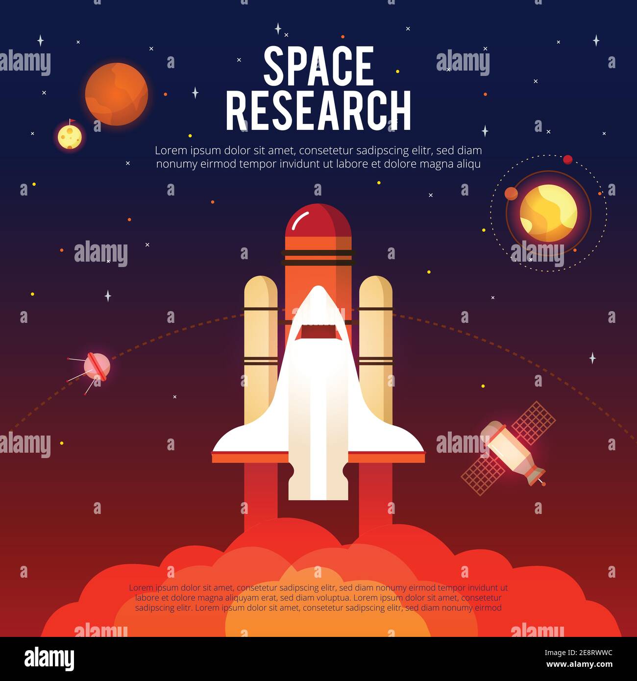 Space research and exploration colorful poster with shuttle launch ...