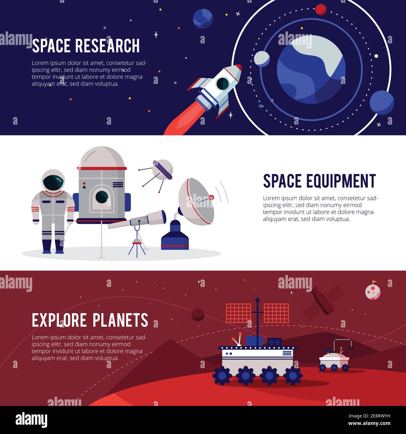 Space research equipment for planets and stars exploration 3 flat ...