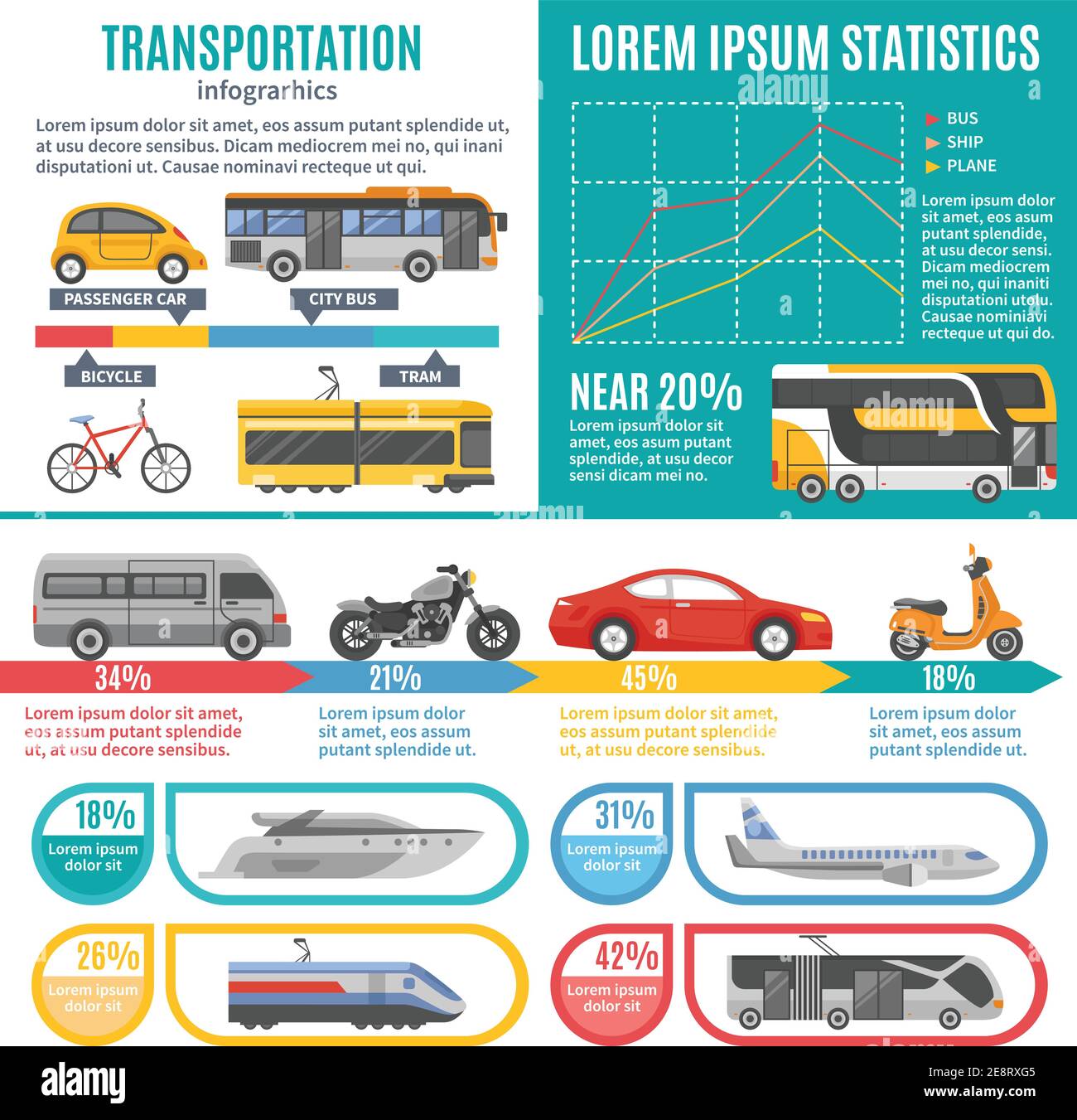 Individual and public transport infographics with bus tram train cars ...