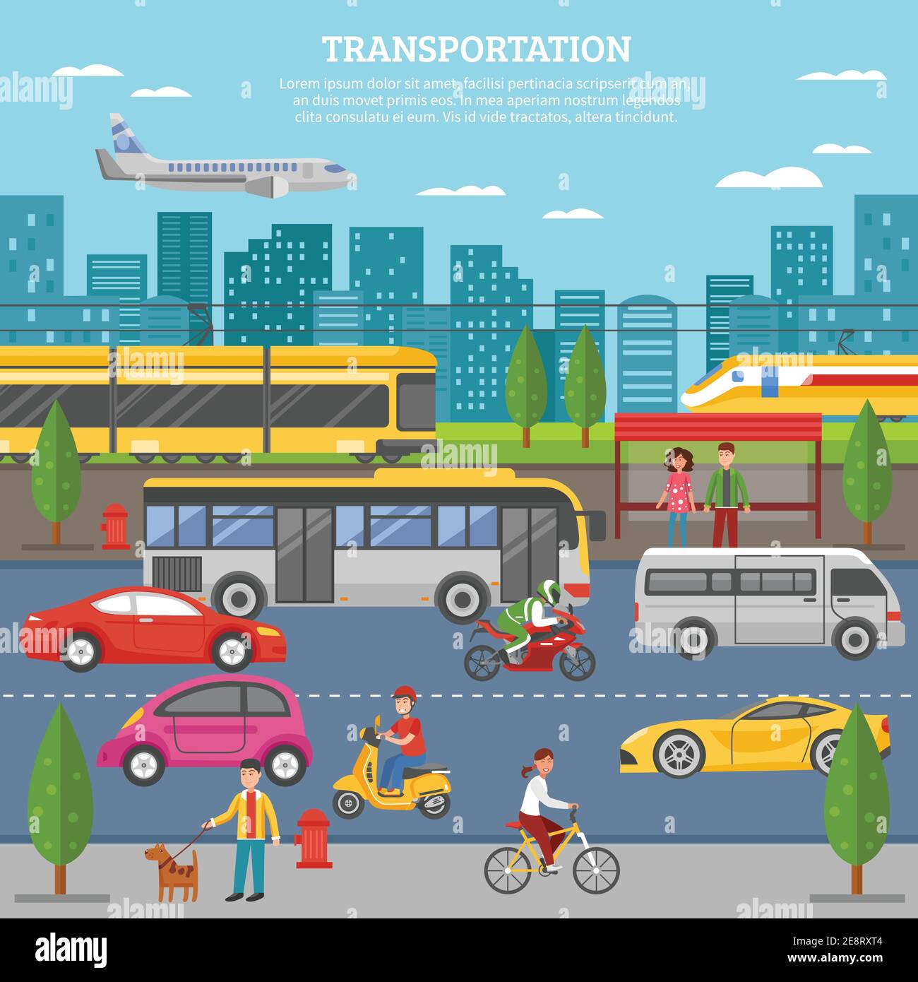 Transport in city poster with people and movement of airplane train ...
