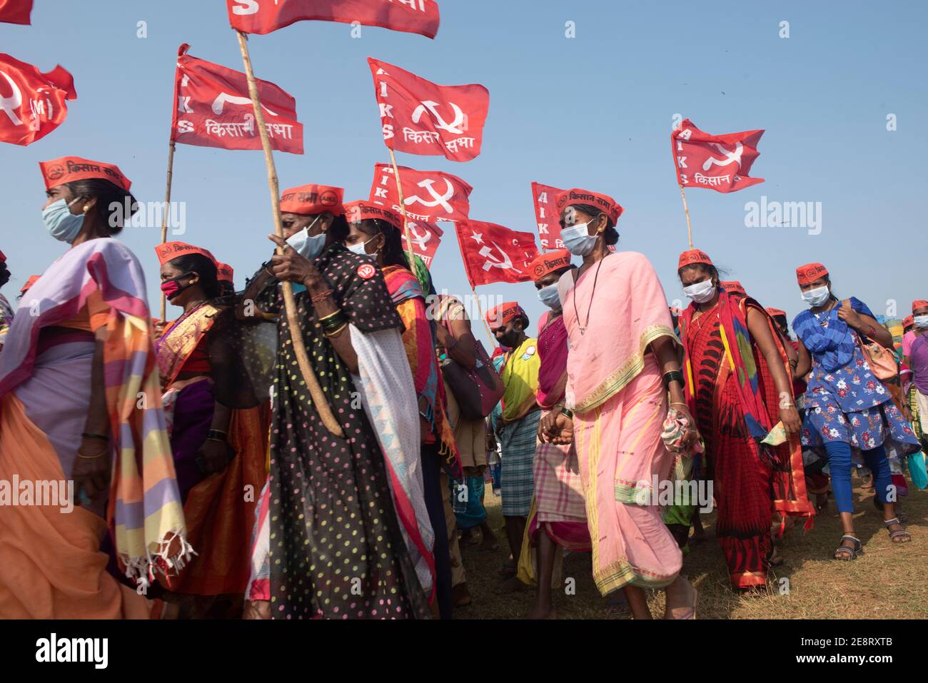 Mumbai , India - 25 January 2021, Indian rural women farmers marching ...