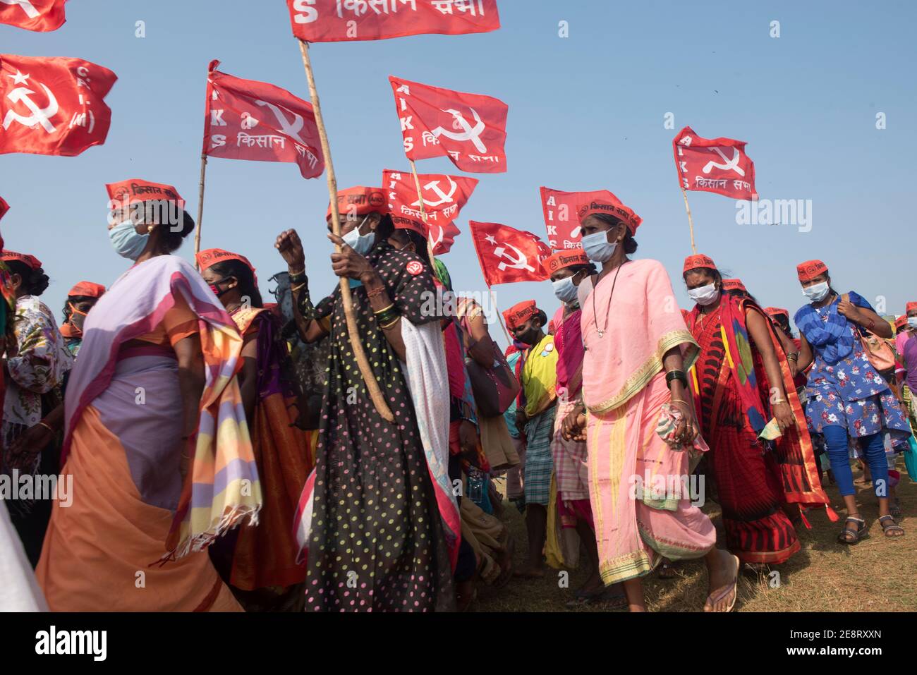 Mumbai , India - 25 January 2021, Indian rural women farmers marching ...