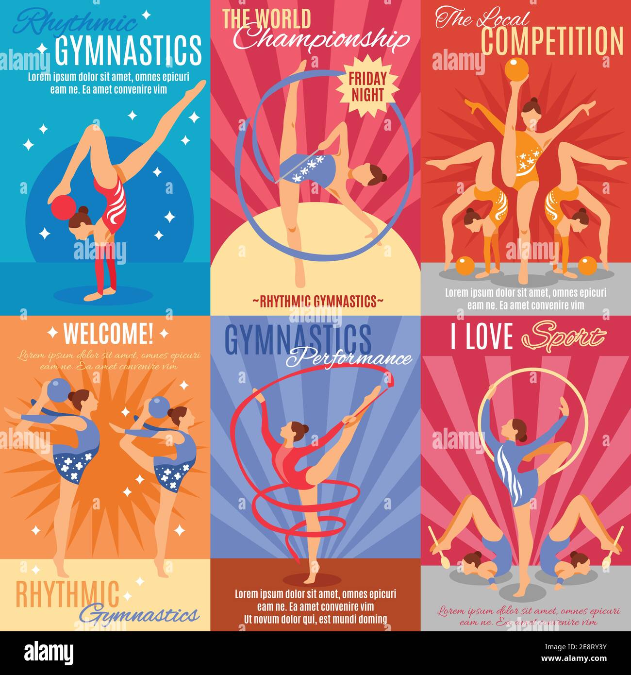 Collection of six rhythmic gymnastics posters with advertising of ...