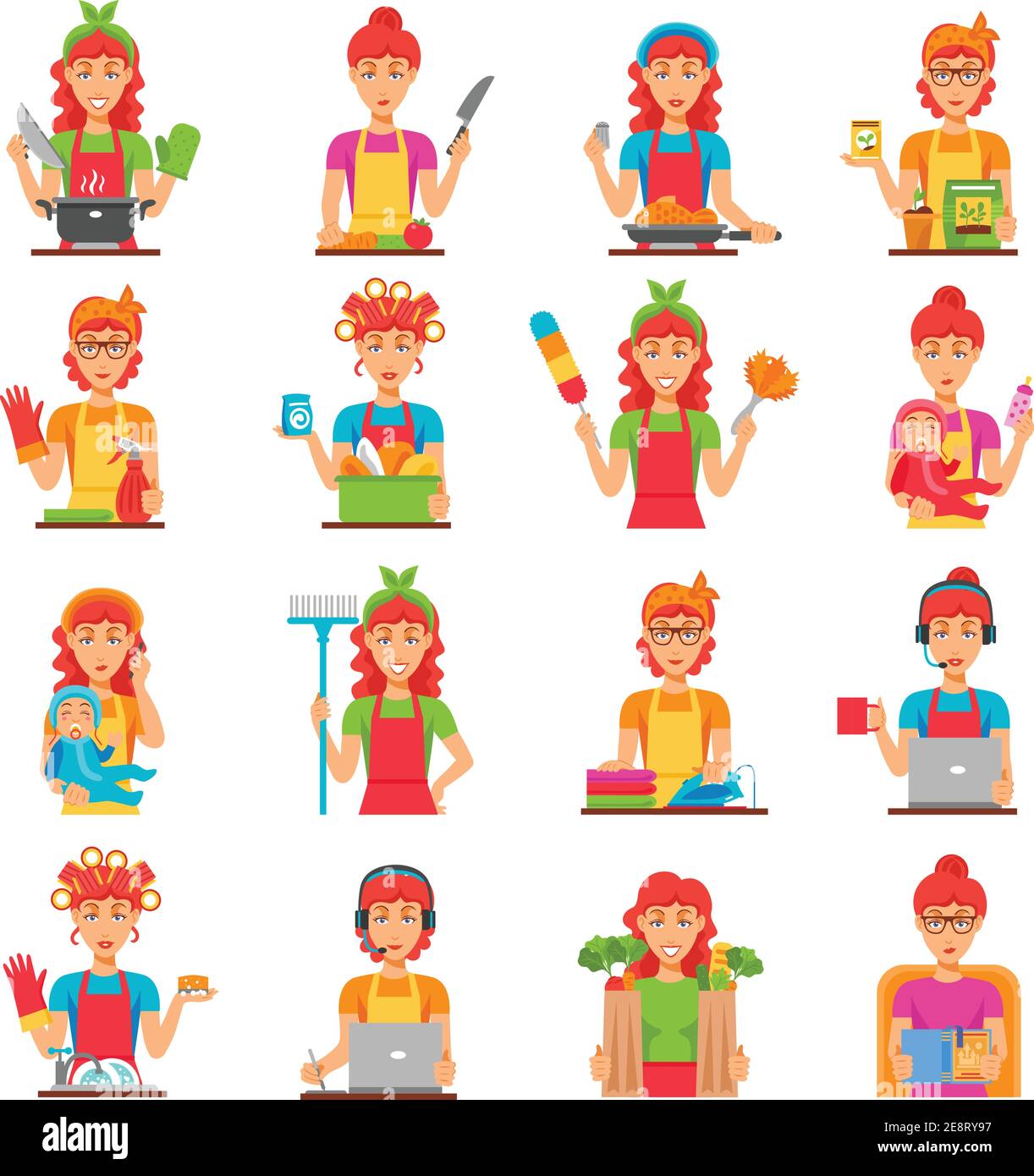 Housewife flat color icons set with women doing housework so as ...