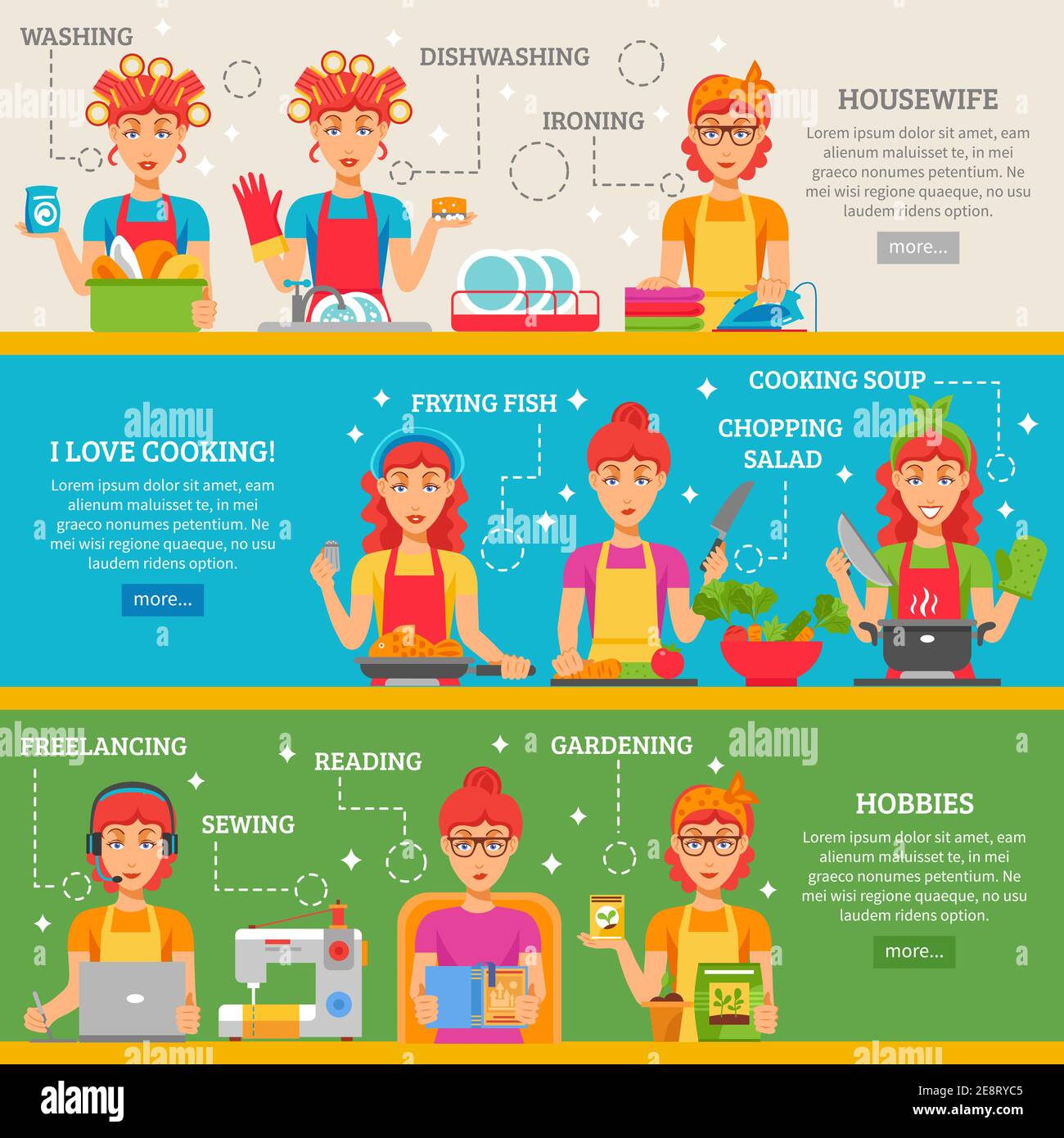 Housewife horizontal banners with icons of women doing housework so as ...