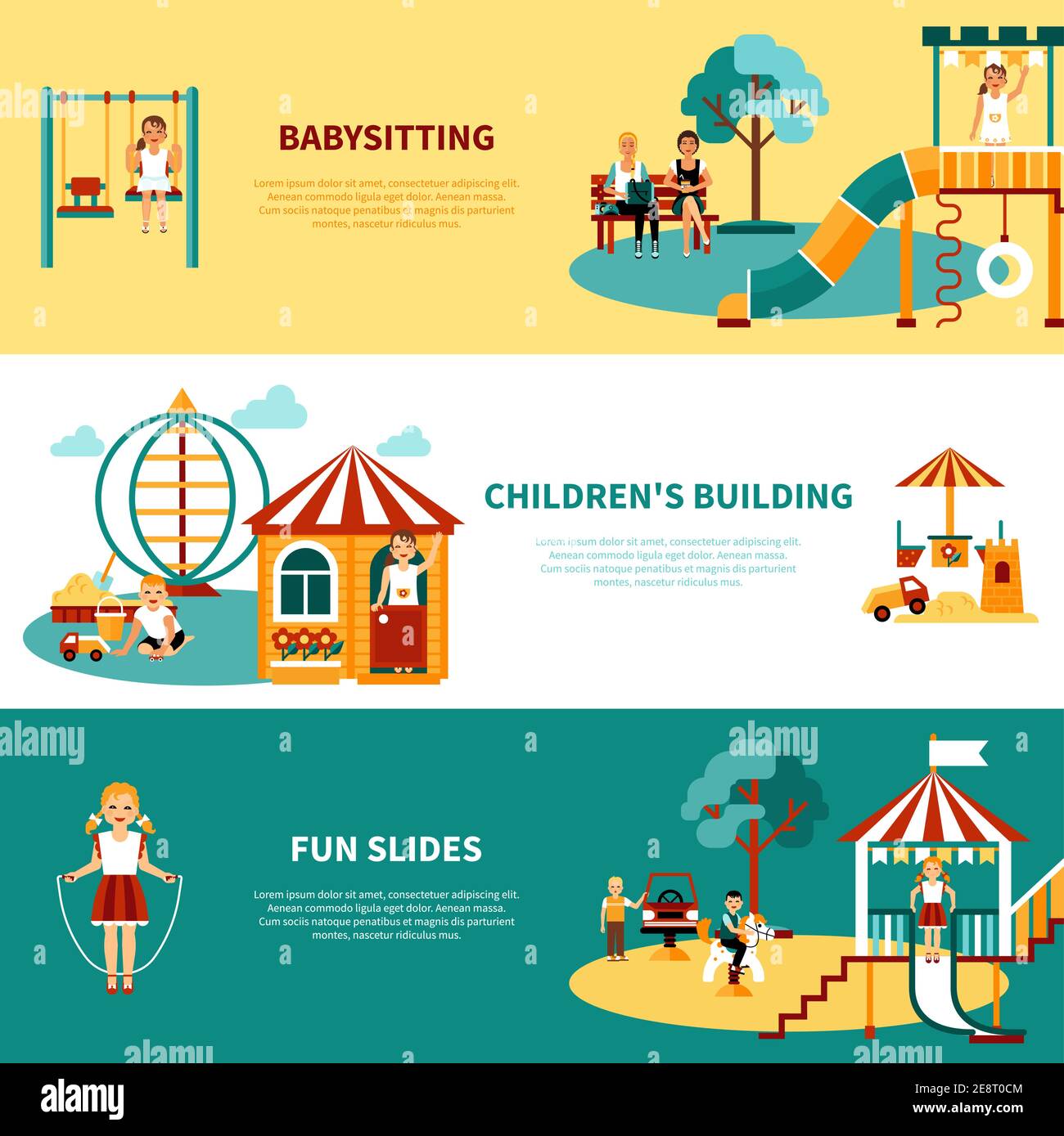 Flat horizontal banners with title and descriptions of playground ...