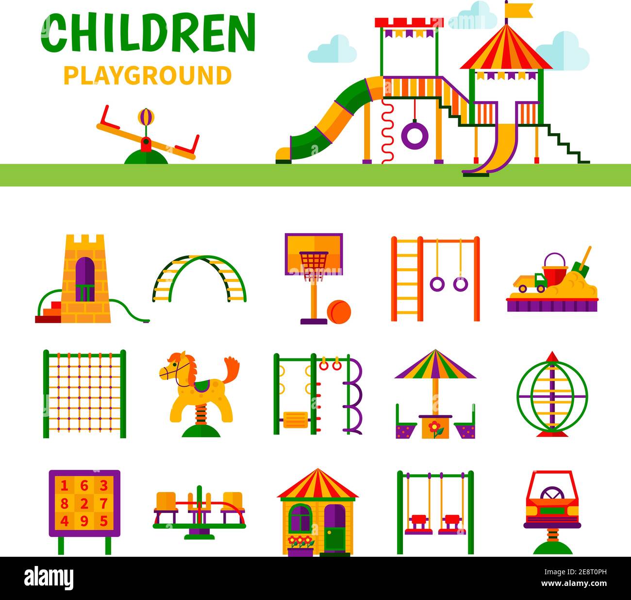 Color icons depicting different equipment children playground with ...