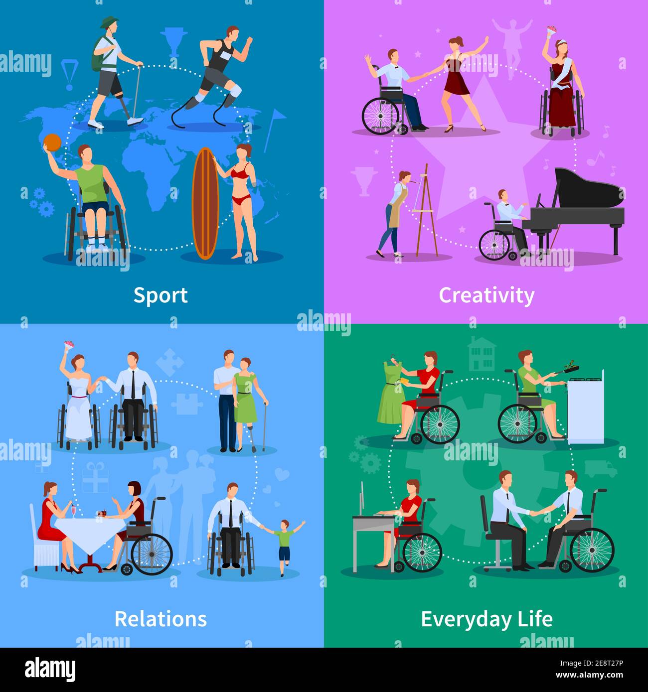 Disabled people active life 4 flat icons square banner with relations ...