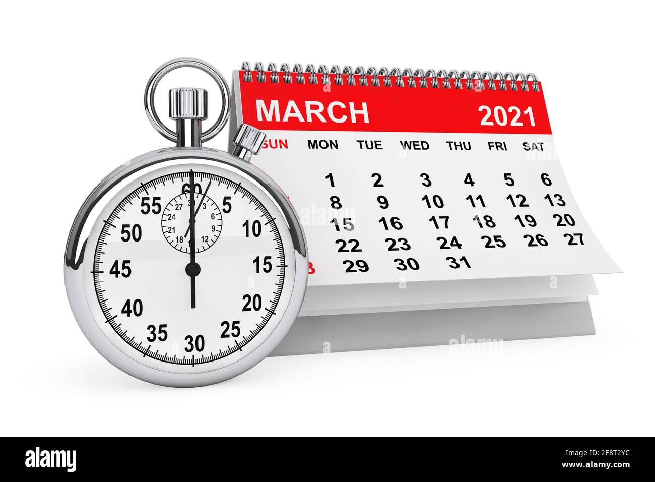 2021 Year March Calendar with Stopwatch on a white background. 3d ...