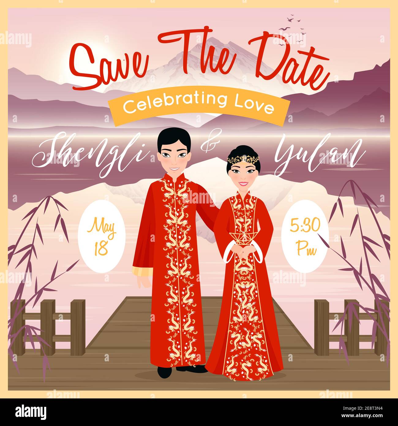Chinese wedding couple invitation poster on background with beautiful ...