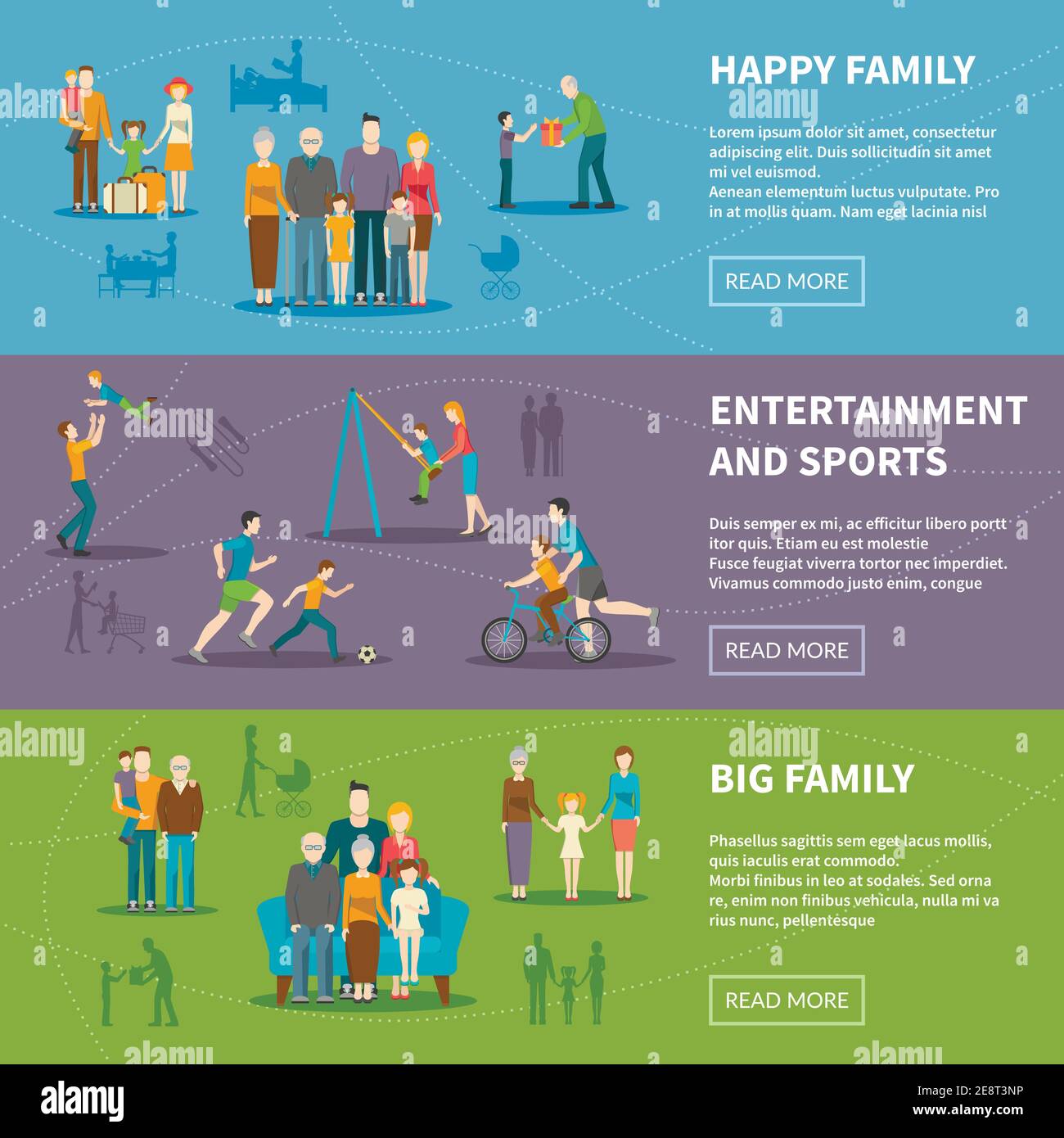 Color flat horizontal banners about big happy family and their ...