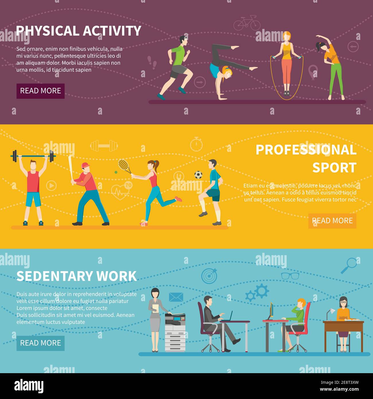Set of horizontal color banners about different physical activity from ...