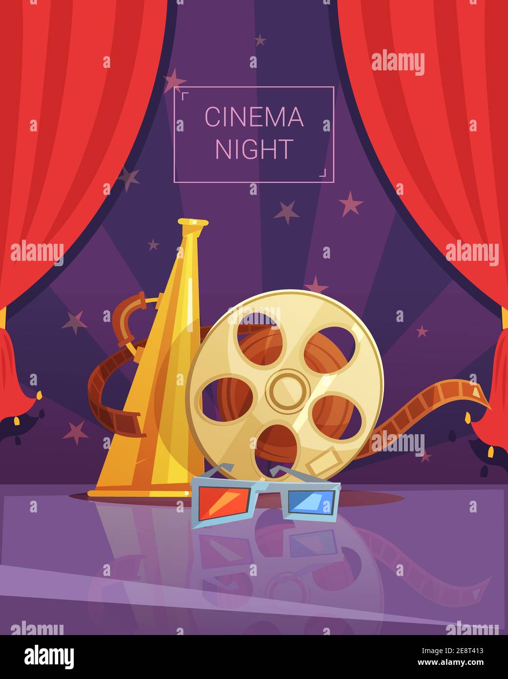 Cinema night cartoon background with videotape and red curtain vector ...