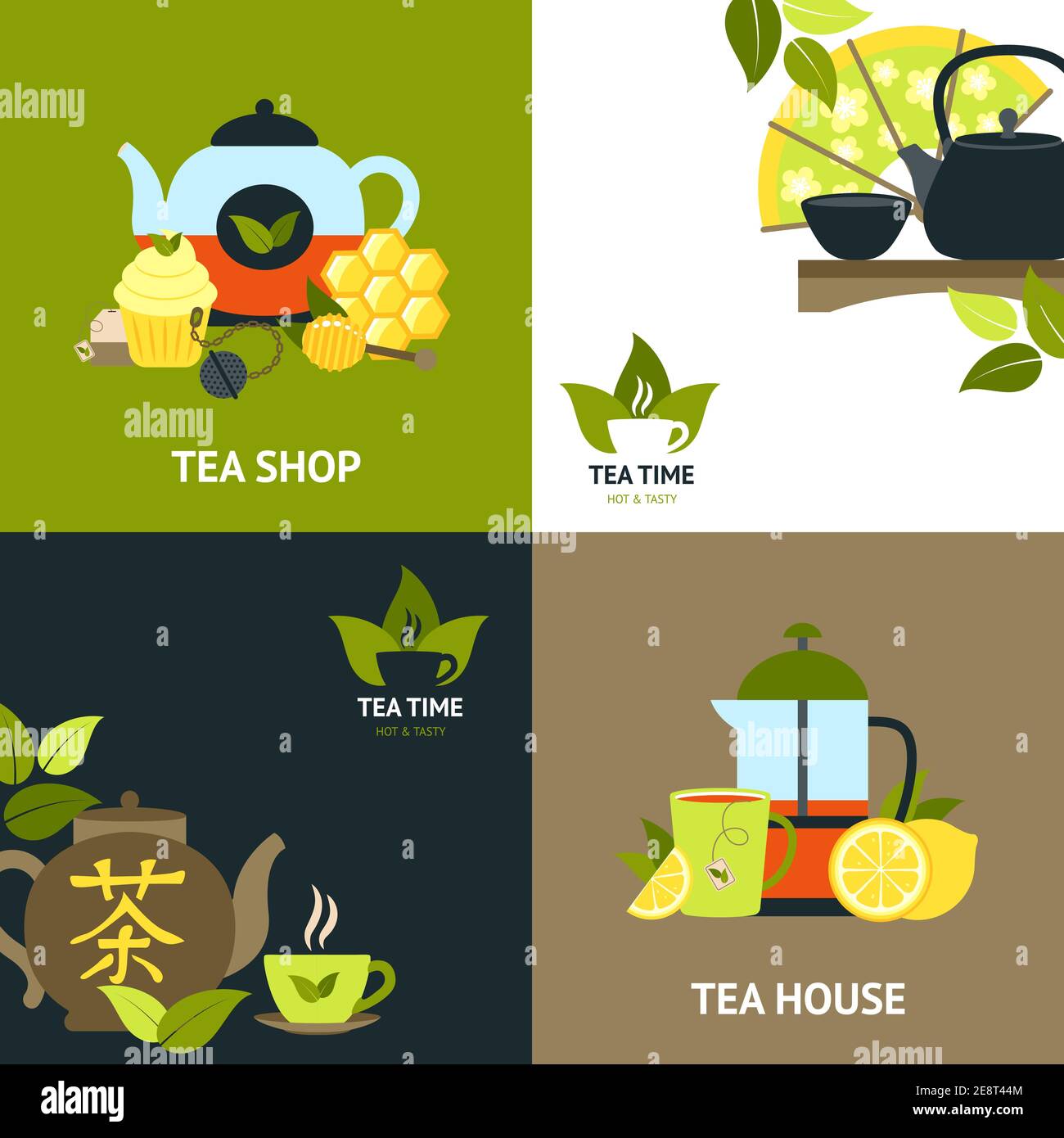 Tea design concept set with hot drink flat icons isolated vector ...