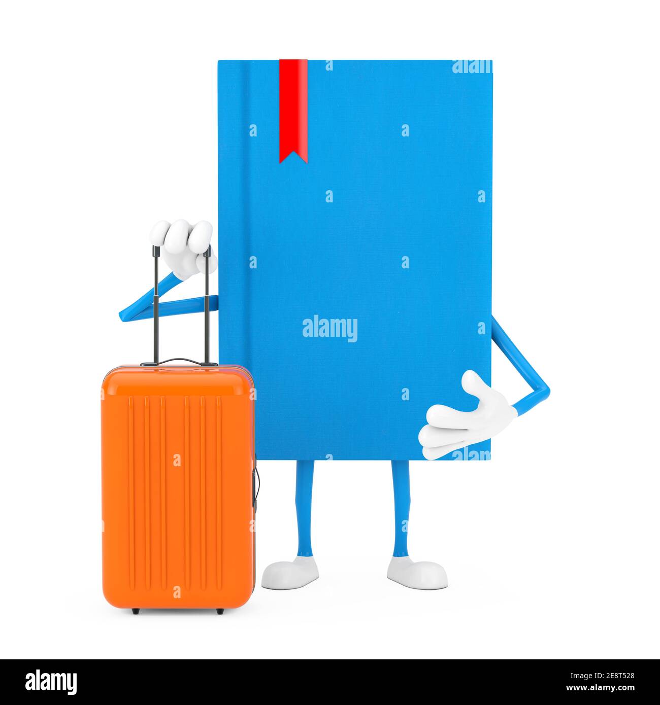 Blue Book Character Mascot with Orange Travel Suitcase on a white ...