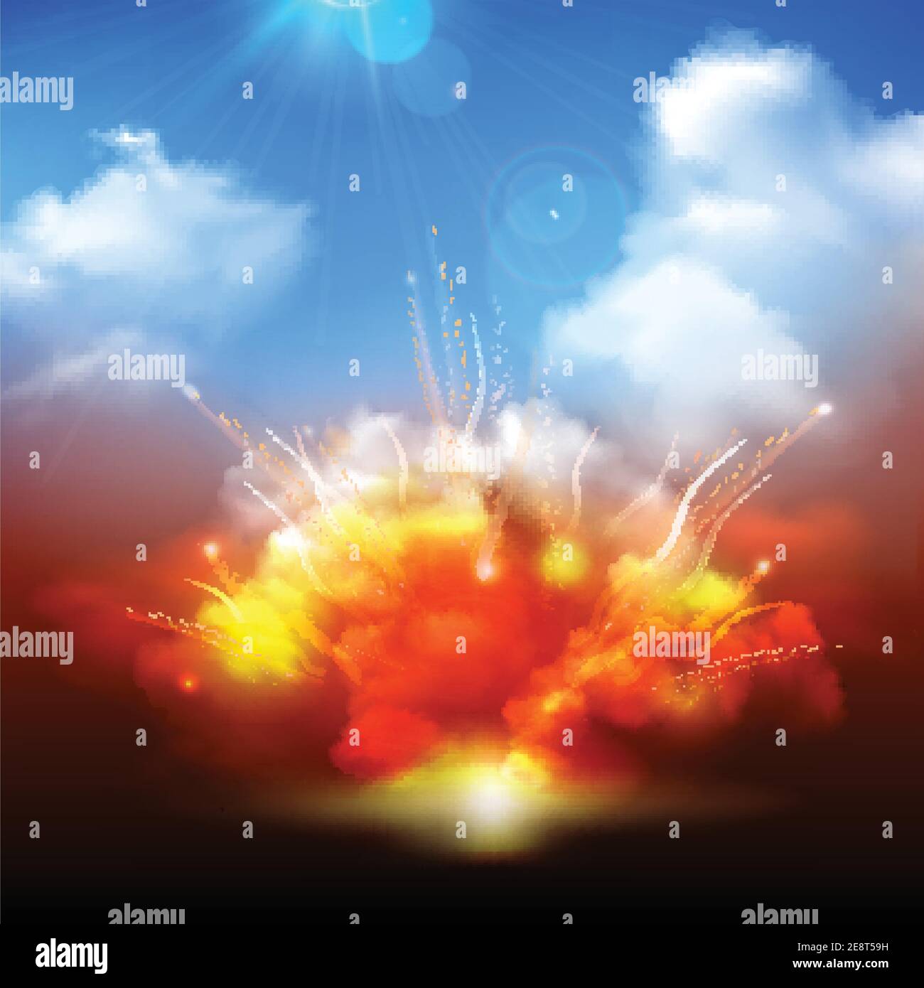 Massive yellow orange explosion bursting into blue cloudy sky with ...