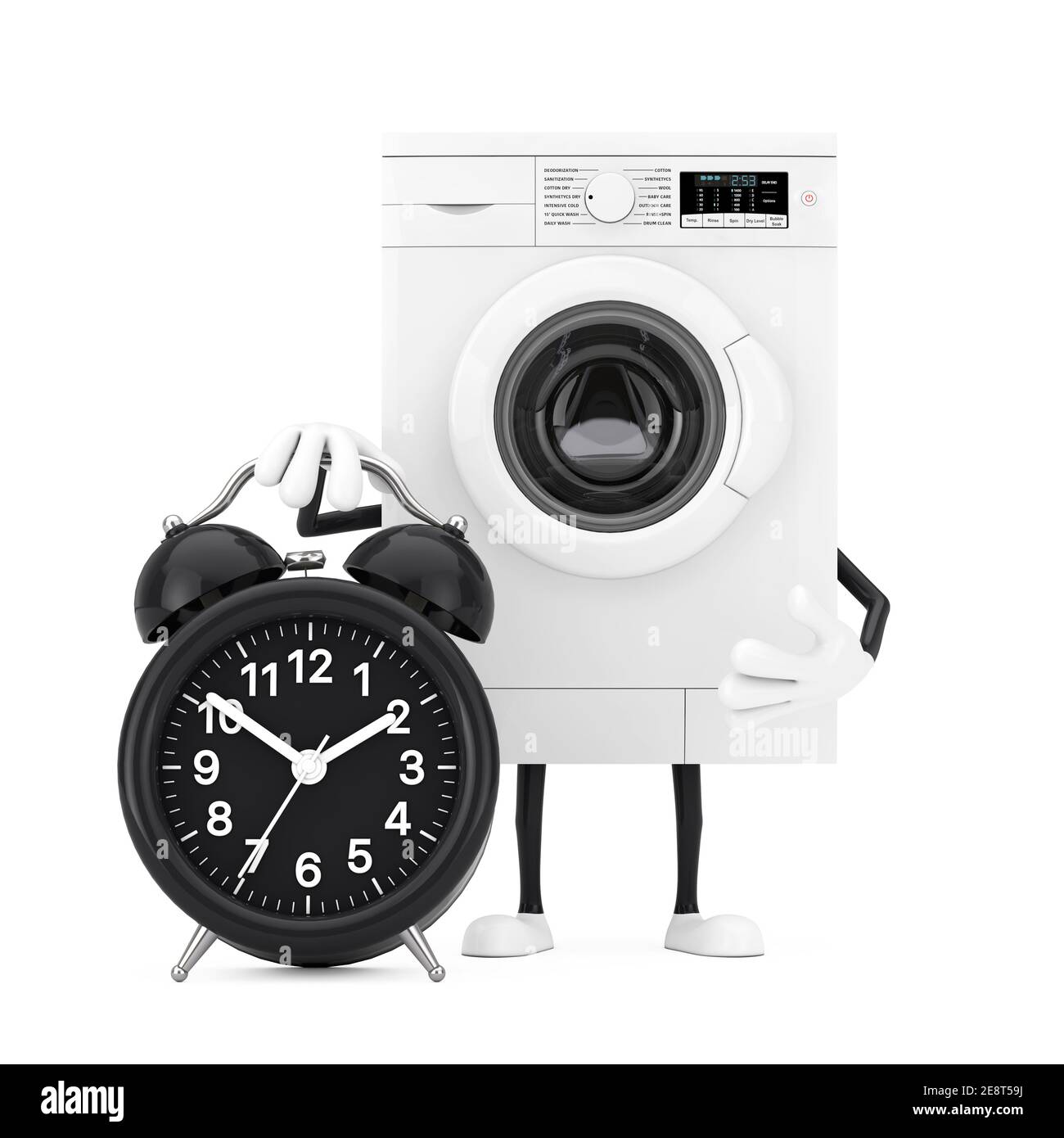 Modern White Washing Machine Character Mascot with Alarm Clock on a ...
