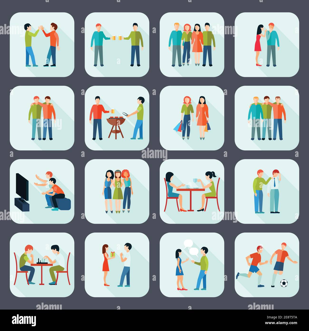 Friends shadow icons set with activities and leisure on grey background ...